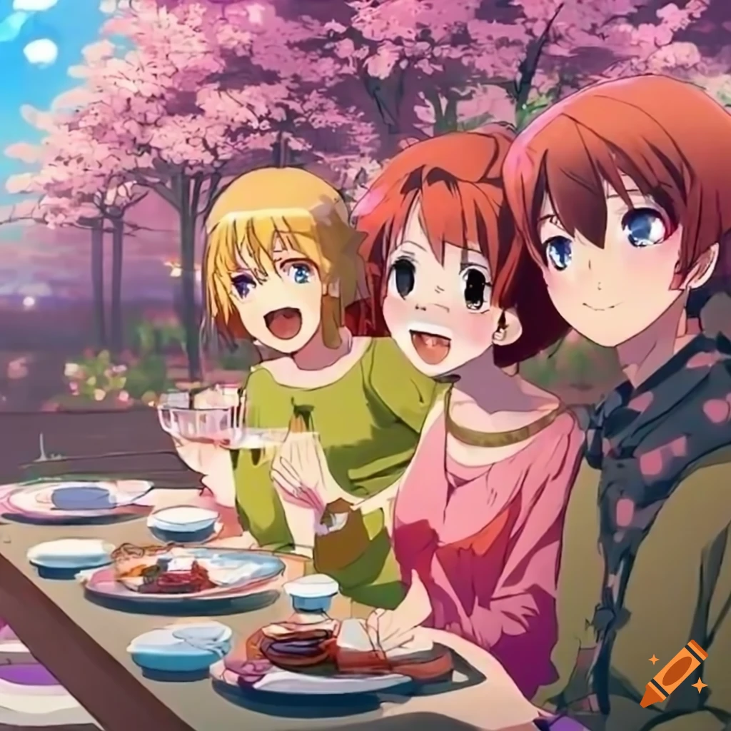 Cheerful anime characters enjoying a party at a flowering terrace on ...