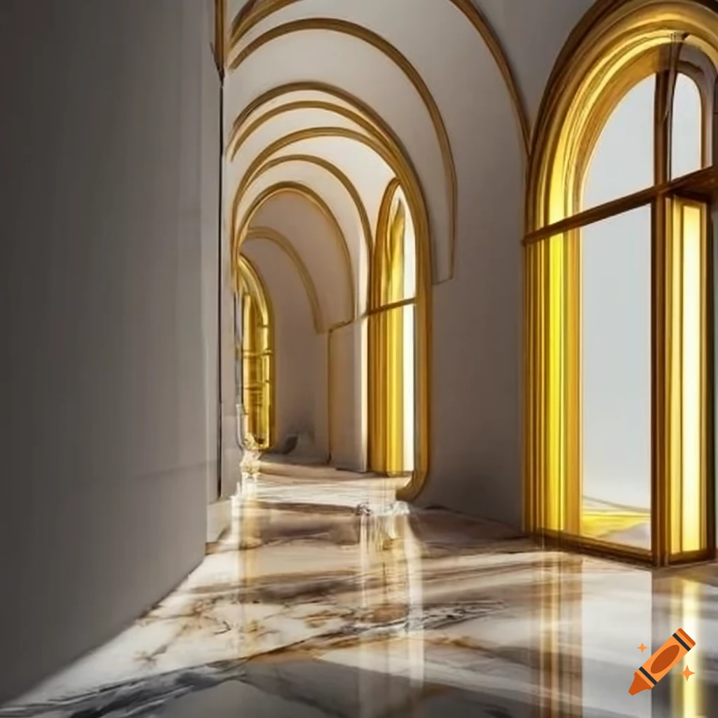Gorgeous hallway with golden windows and sunrays on Craiyon