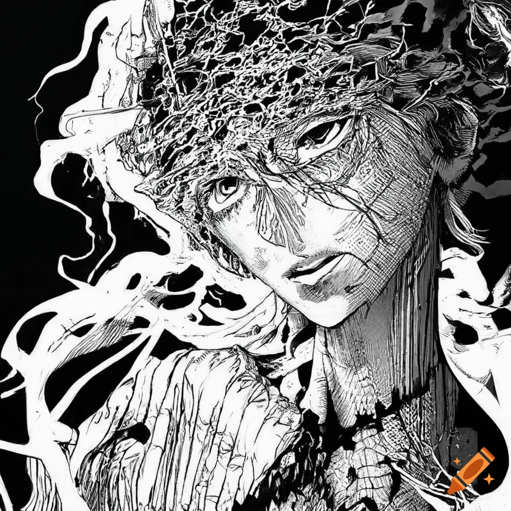 Highly detailed black and white manga panel with sharp outlines on Craiyon