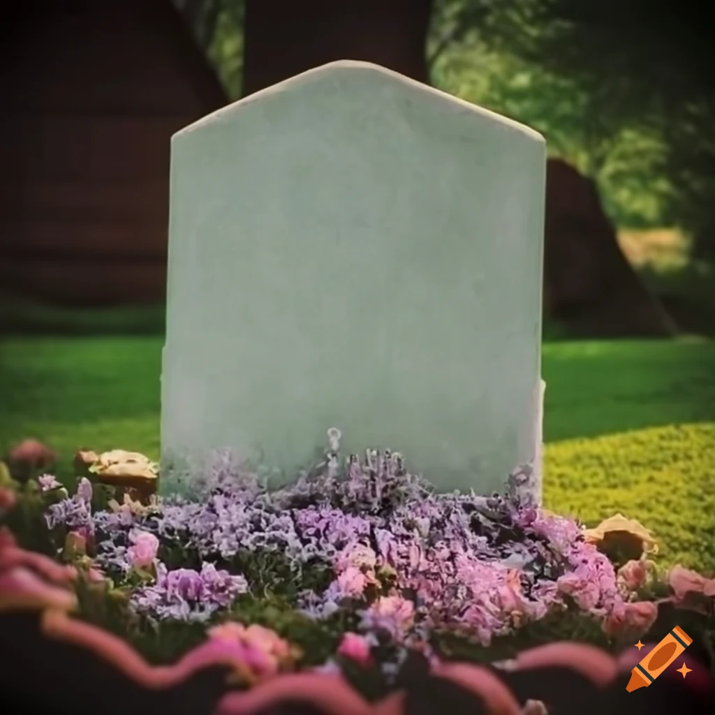 Blank headstone surrounded by flowers on Craiyon