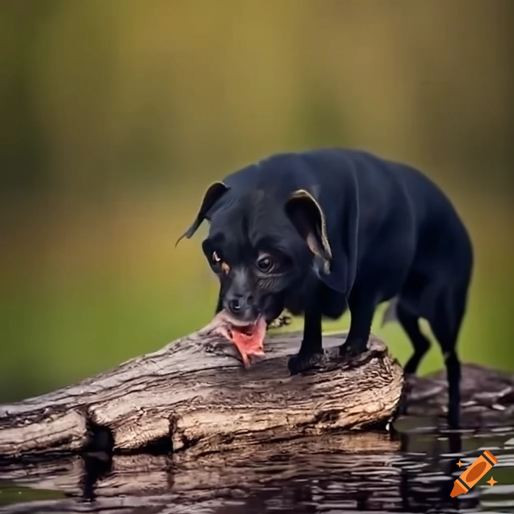 Dog kissing a frog on a log in a bog on Craiyon