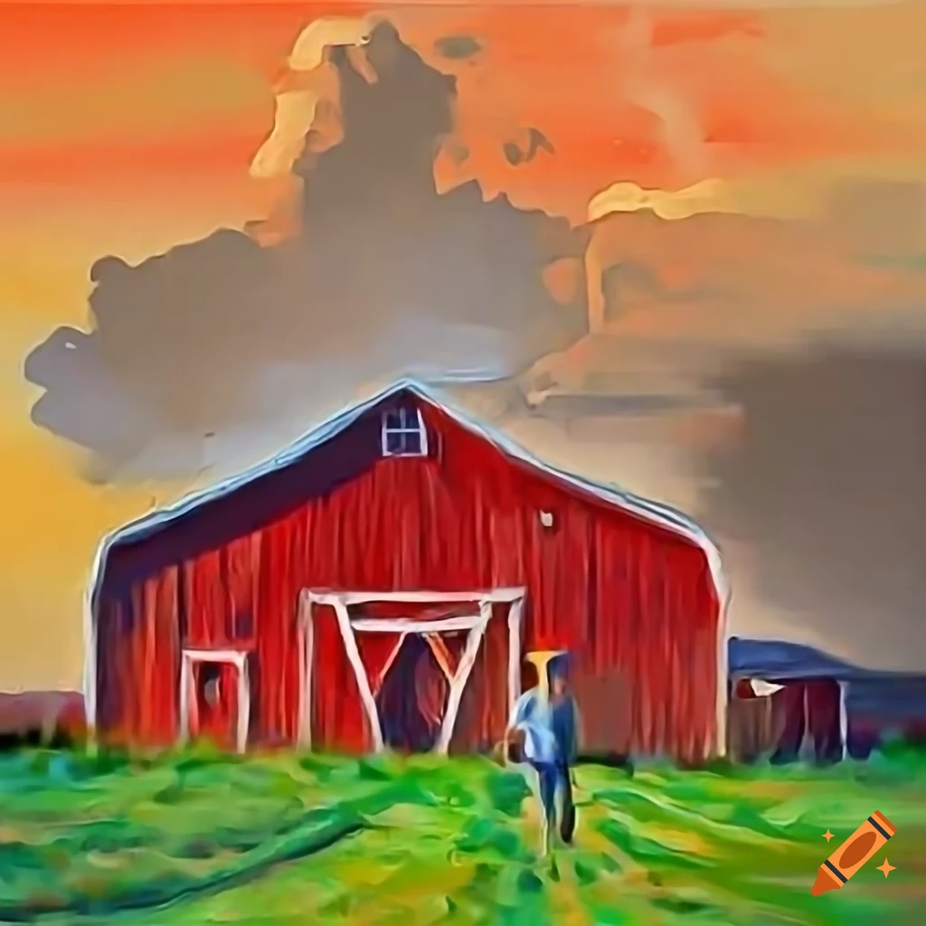 Farmer holding a pitchfork in front of a red barn on Craiyon