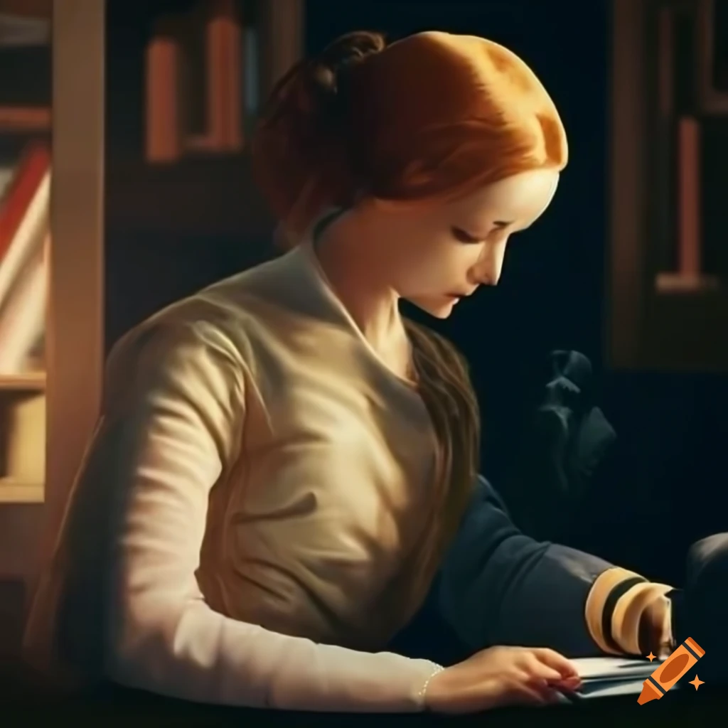 Beautiful woman studying quantum mechanics in a Vermeer-style library ...
