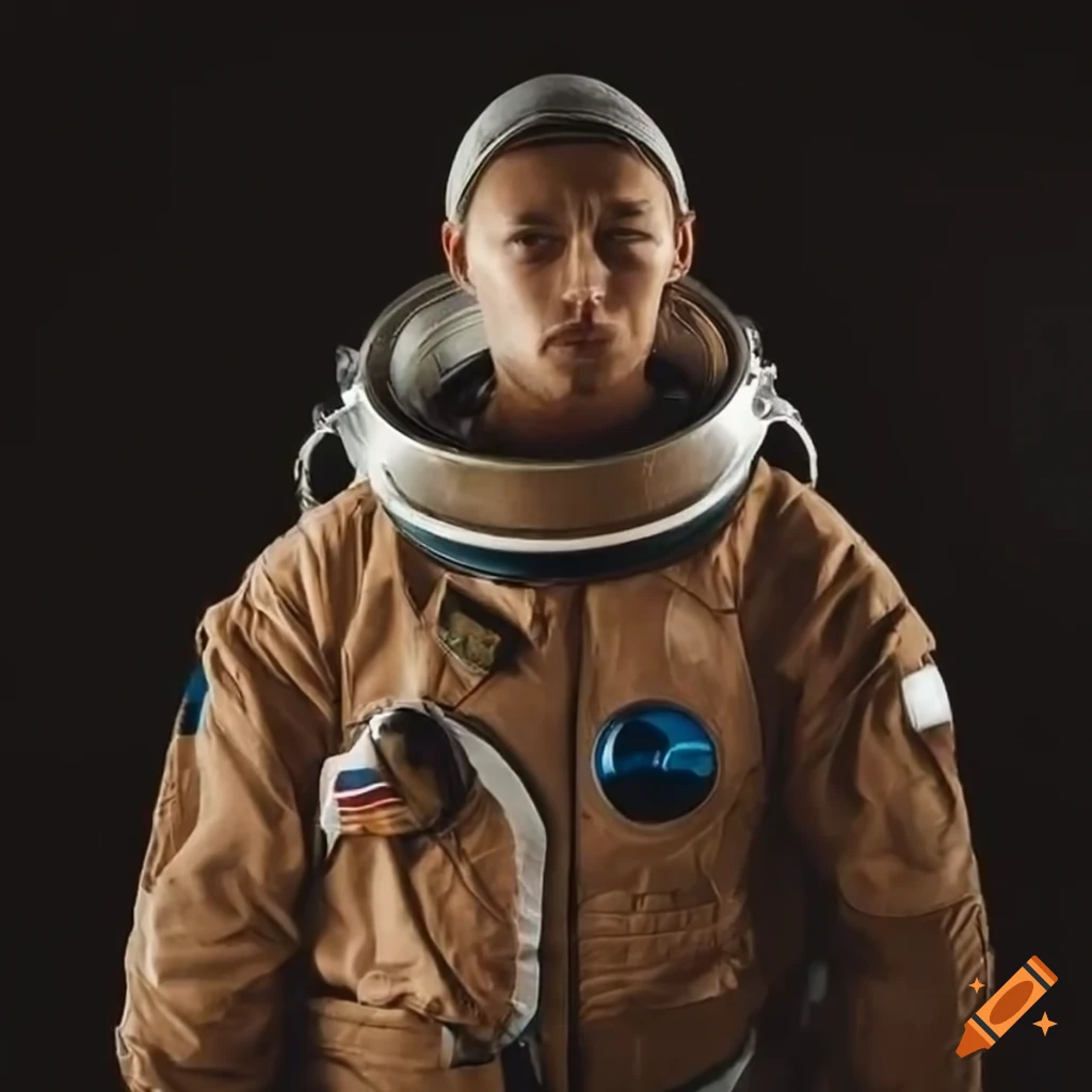 Male astronaut in light brown space suit next to 'hizmet kolonisi' sign ...