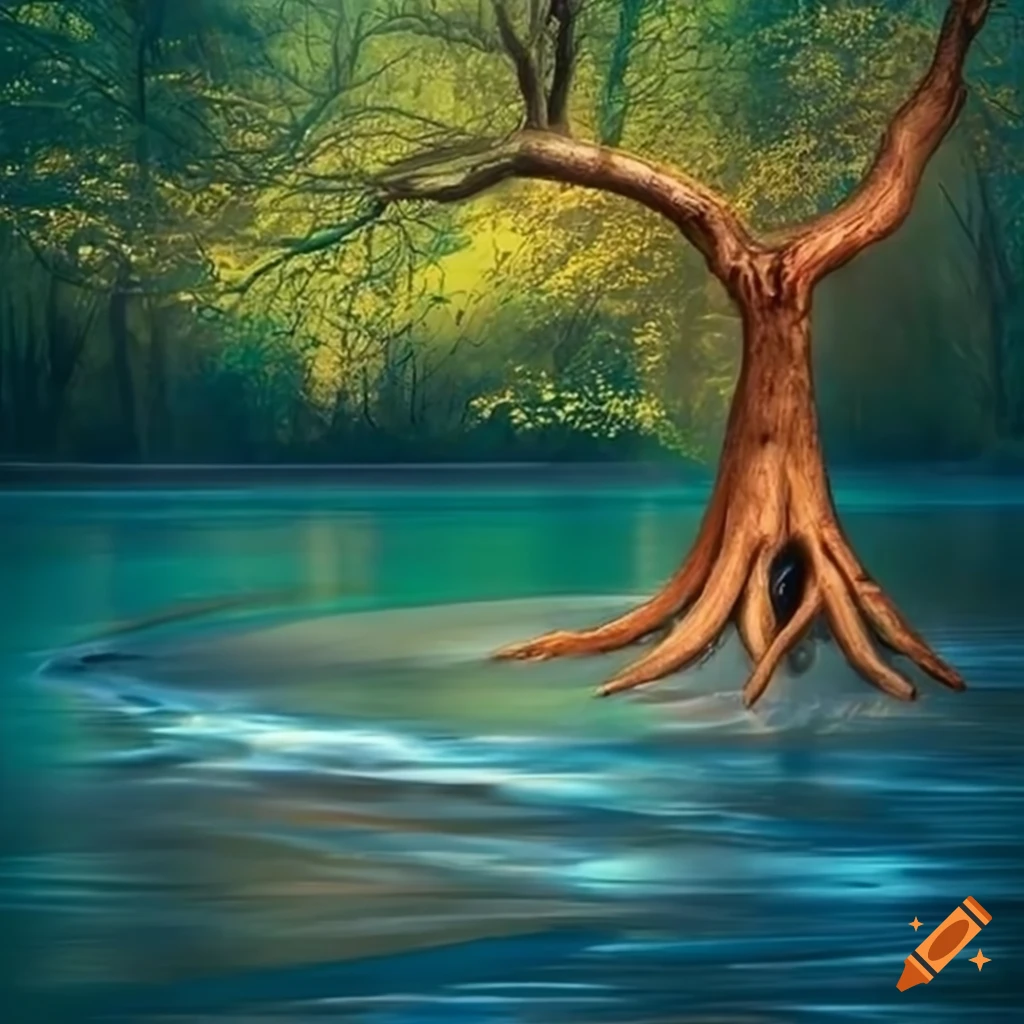 Realistic tree by the river with beautiful roots on Craiyon