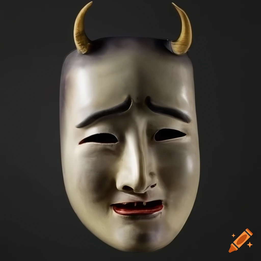 Sinister noh mask with horns in a monochromatic theme on Craiyon