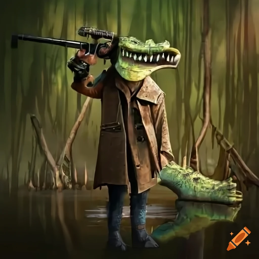 Fallout character in crocodile mask and trench coat with hunting rifle ...