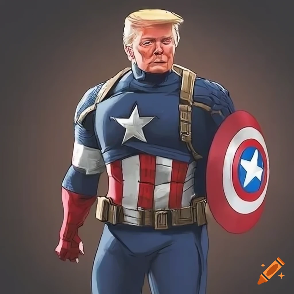 Satirical depiction of donald trump as captain america on Craiyon