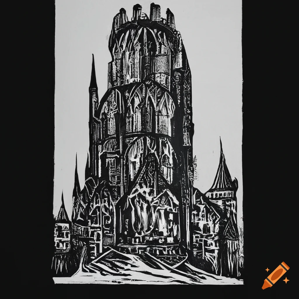 Medieval gothic dark tower in highly detailed black and white linocut ...