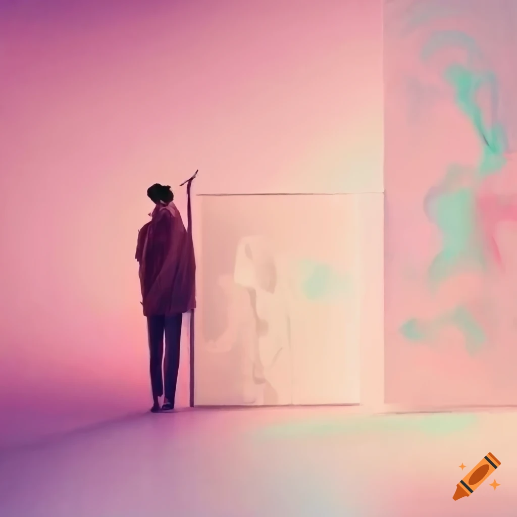 Artist in front of performative art exhibition with dreamy pastel ...