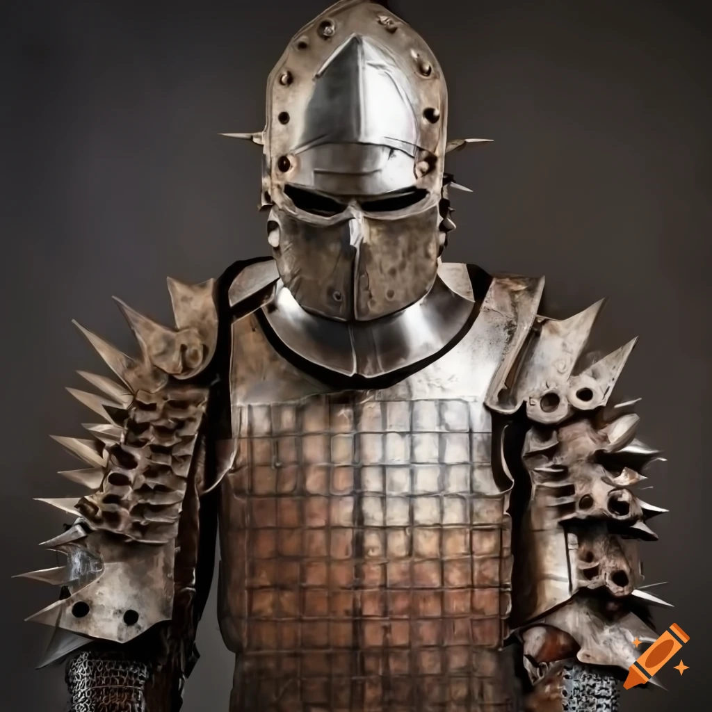 Robot knight barbarian in spiked plate armor with a death mask in a ...