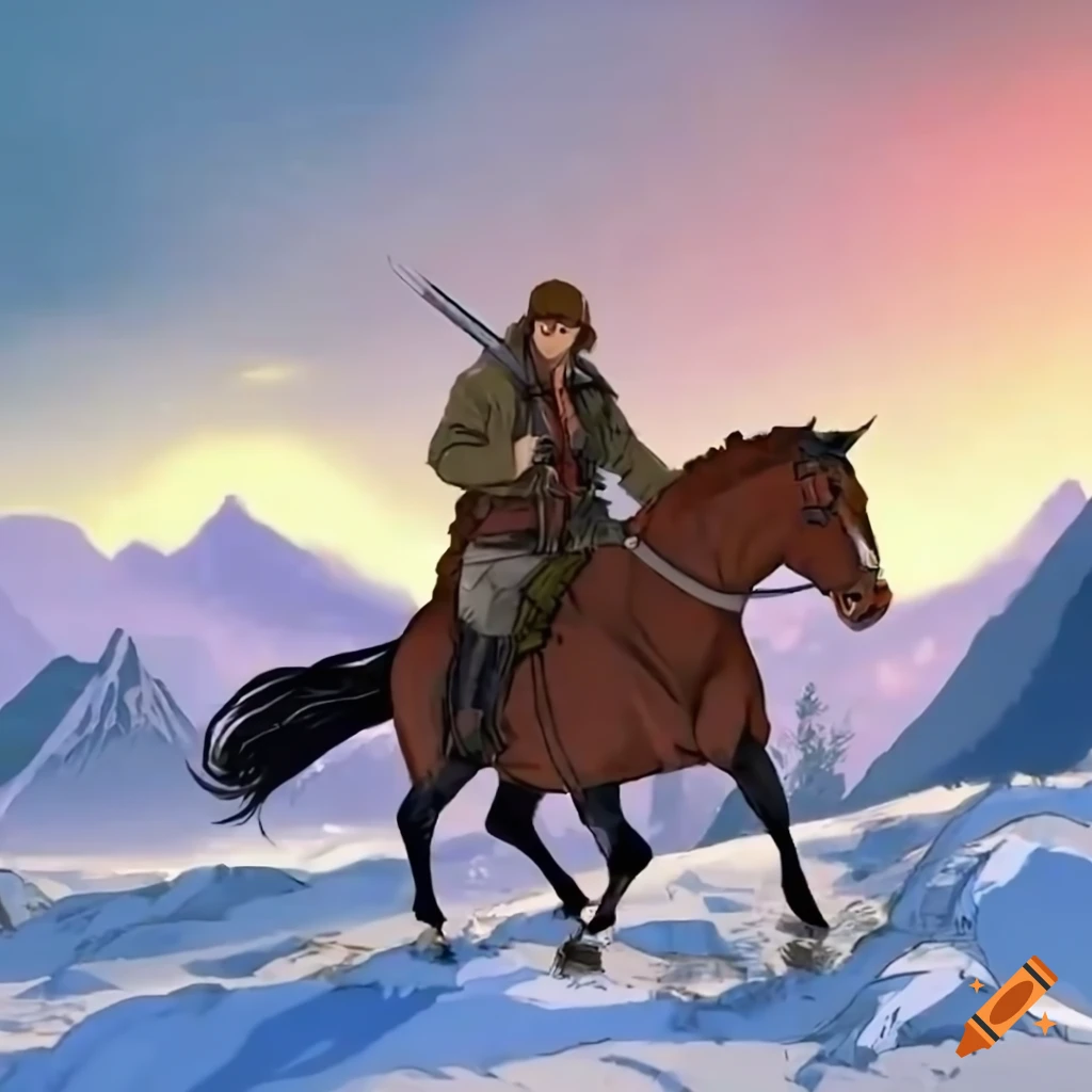 Arthur morgan on horseback riding through snowy peaks on Craiyon