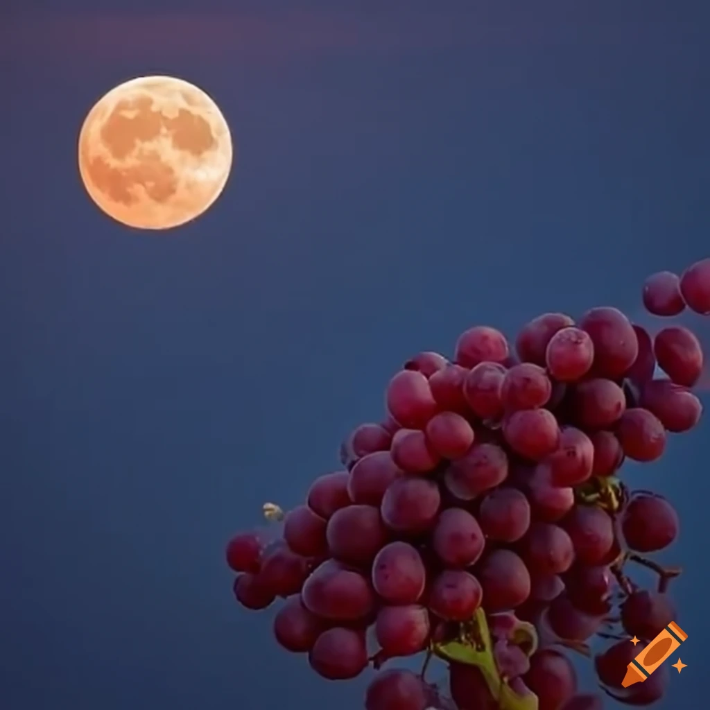 Bright moon night with red grapes falling from the sky on Craiyon
