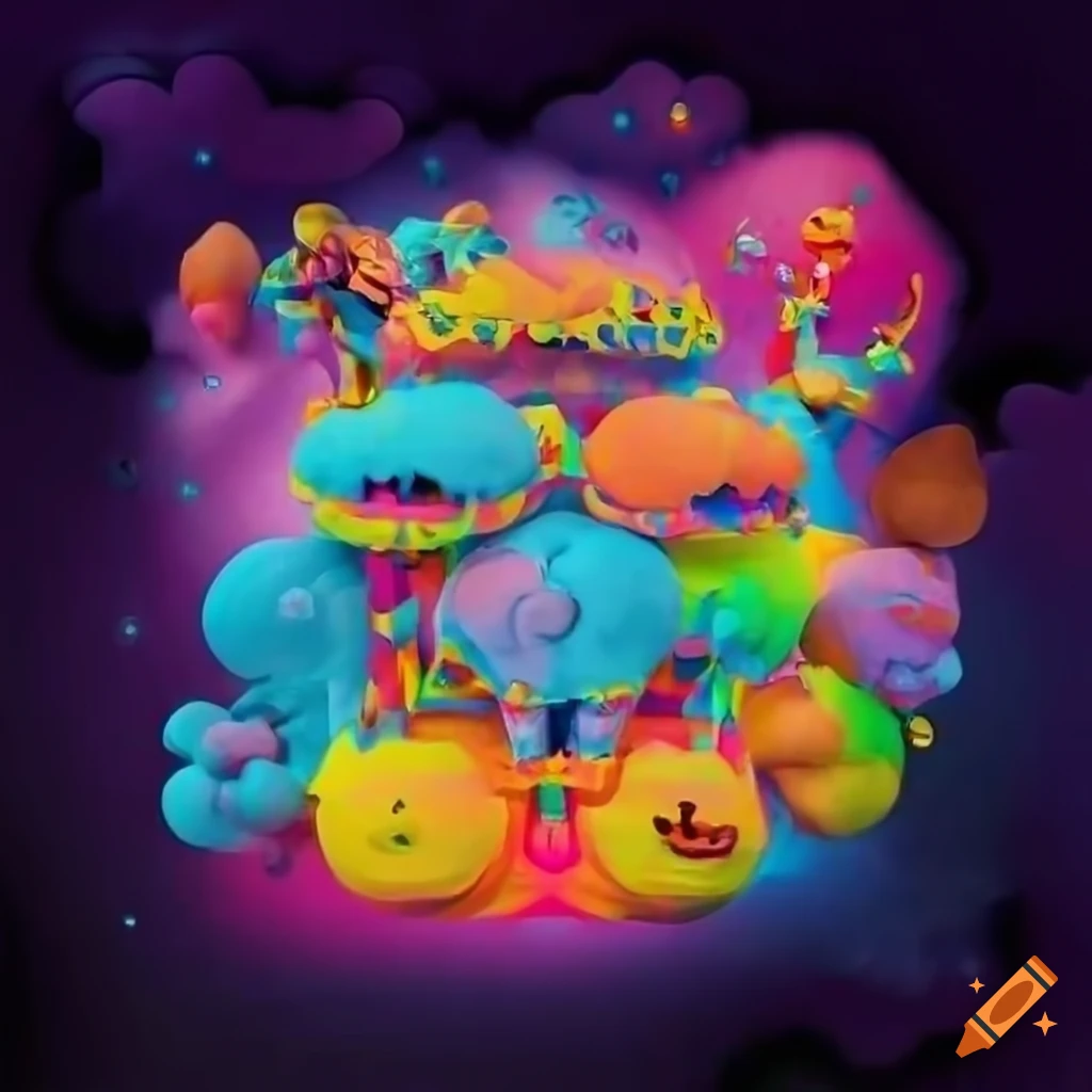Psychedelic 3D octane collage of cartoon characters in a cloud on Craiyon