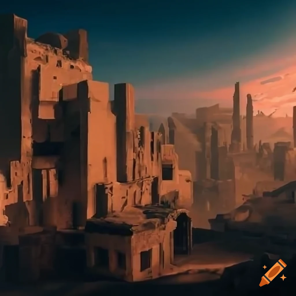 Ruined cityscape in a middle eastern desert setting on Craiyon