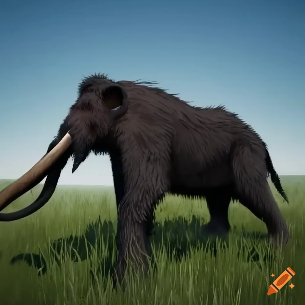 Black mammoth with red eyes in savanna with trees and blue sky on Craiyon