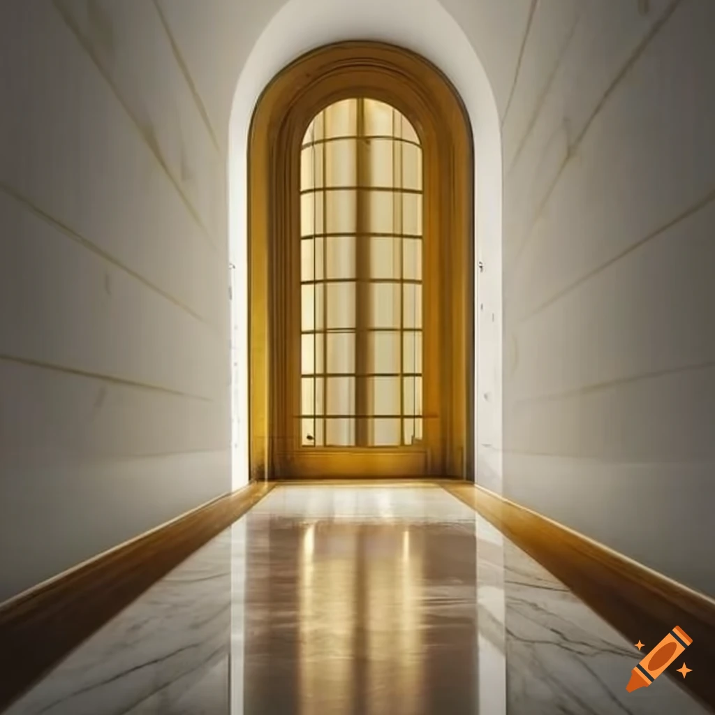 Gorgeous hallway with golden windows and sunrays on Craiyon