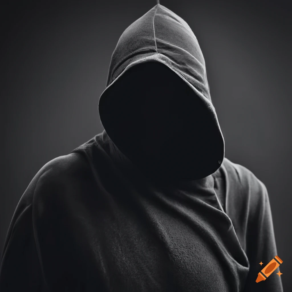 Dark profile photo of a hooded and masked male character on Craiyon