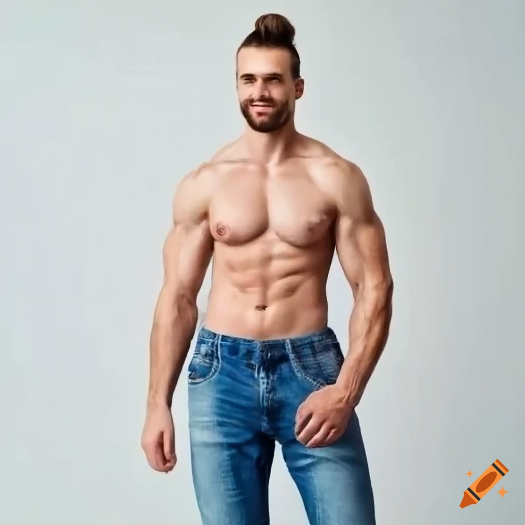 Muscular young man with man bun in jeans on Craiyon