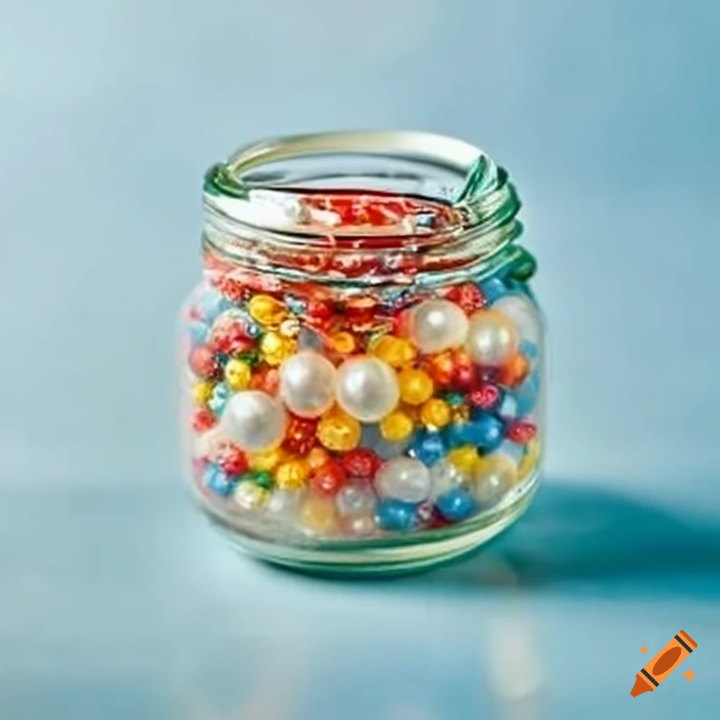 Jar filled with shiny magic pearls on Craiyon