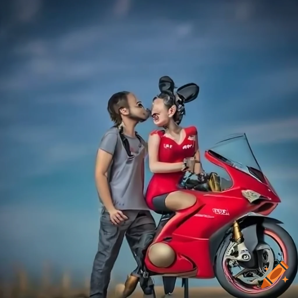 Disney couple with ducati panigale in the background on Craiyon