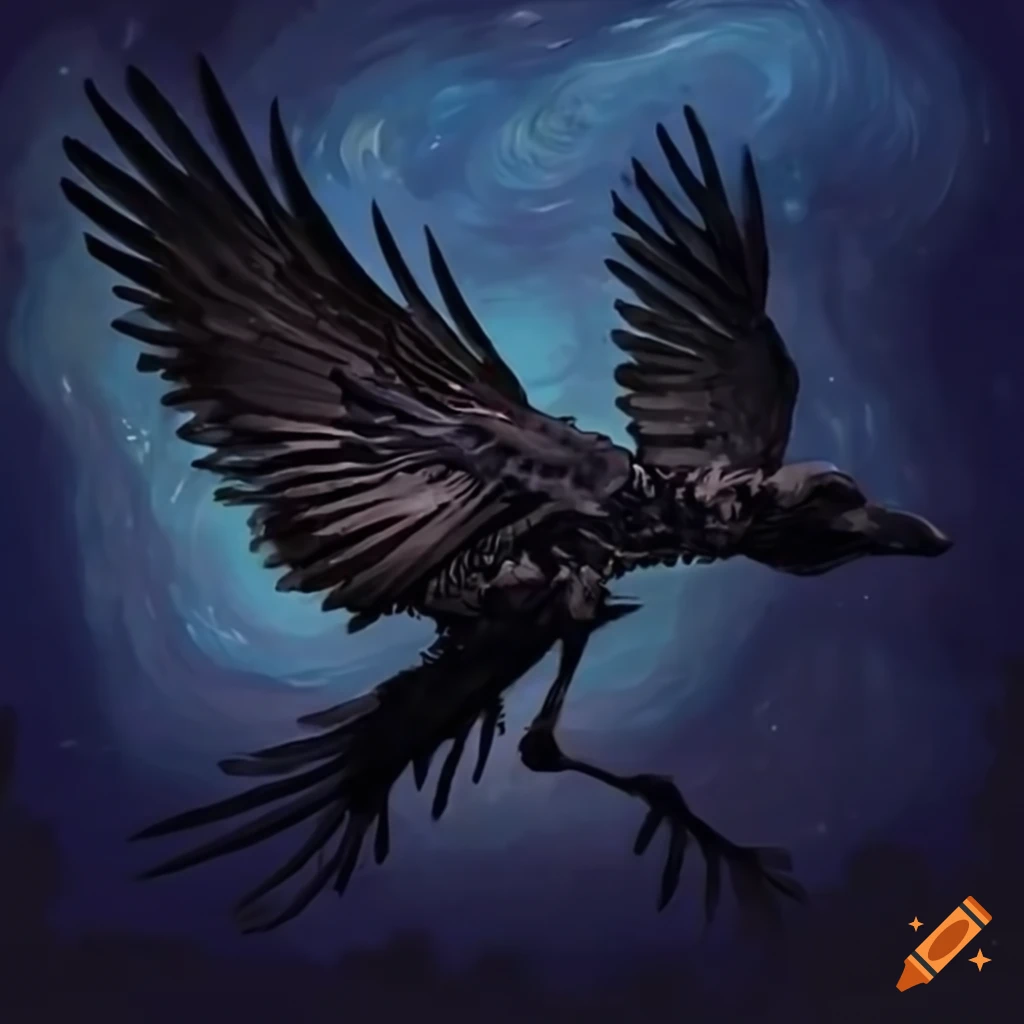 Raven skeleton flying through a starry night on Craiyon