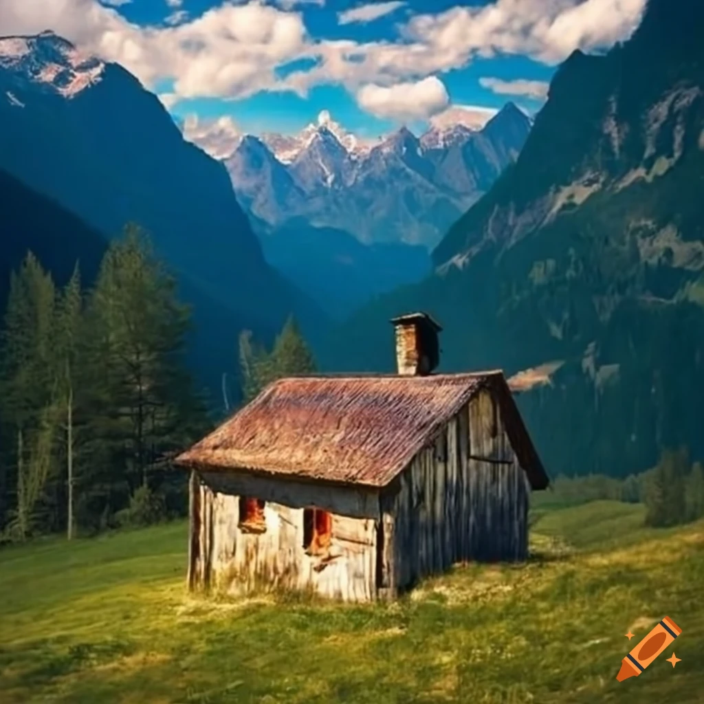 Old simple alpine cottage with mountains in the background on Craiyon