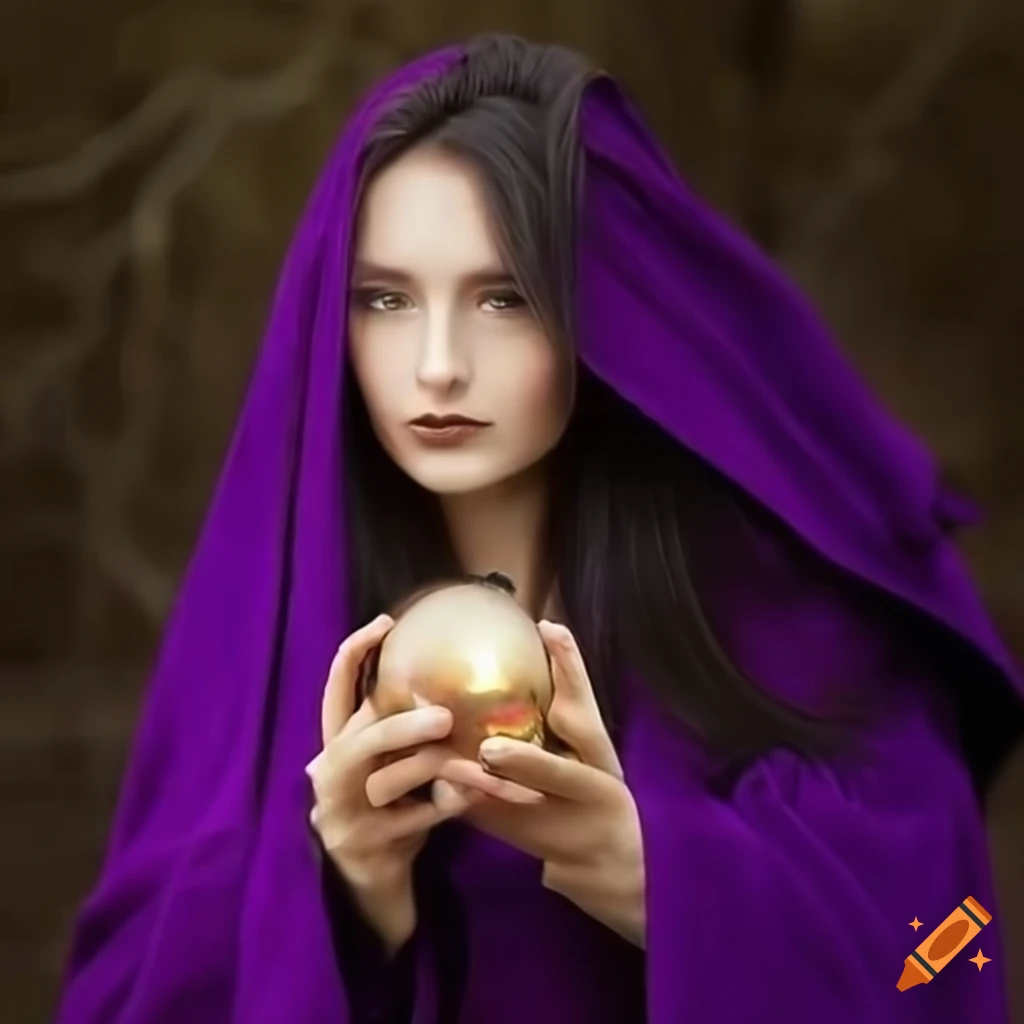 Beautiful young witch in a purple robe holding a mystical orb on Craiyon