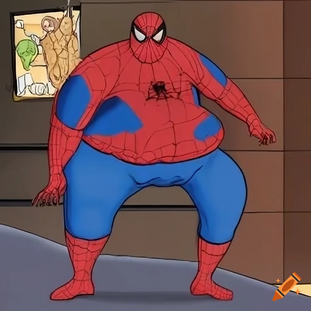 Overweight Spider-Man enjoying a hamburger on Craiyon