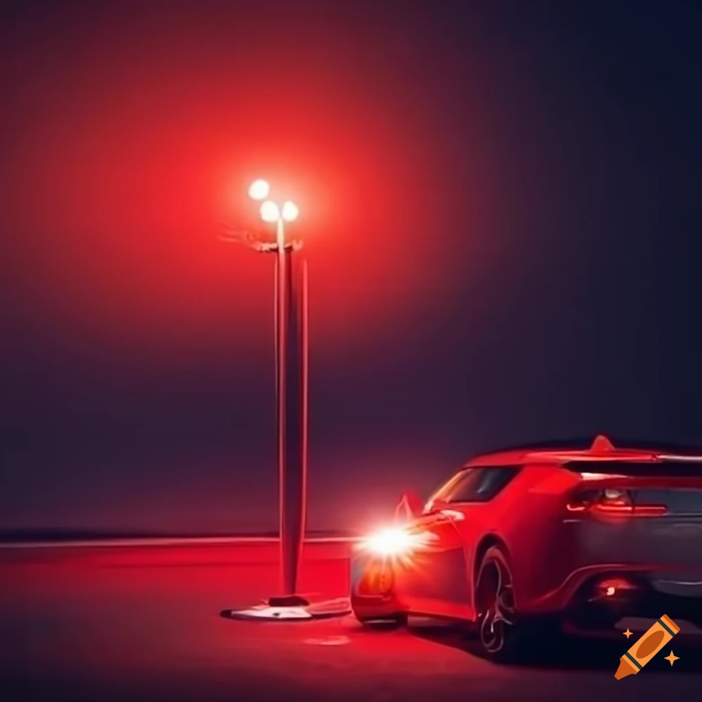 Red 2020 camaro under a street lamp at night on Craiyon