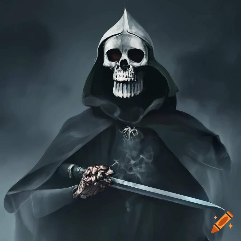 Skeleton king in armor and black cloak flying with a two-handed sword ...