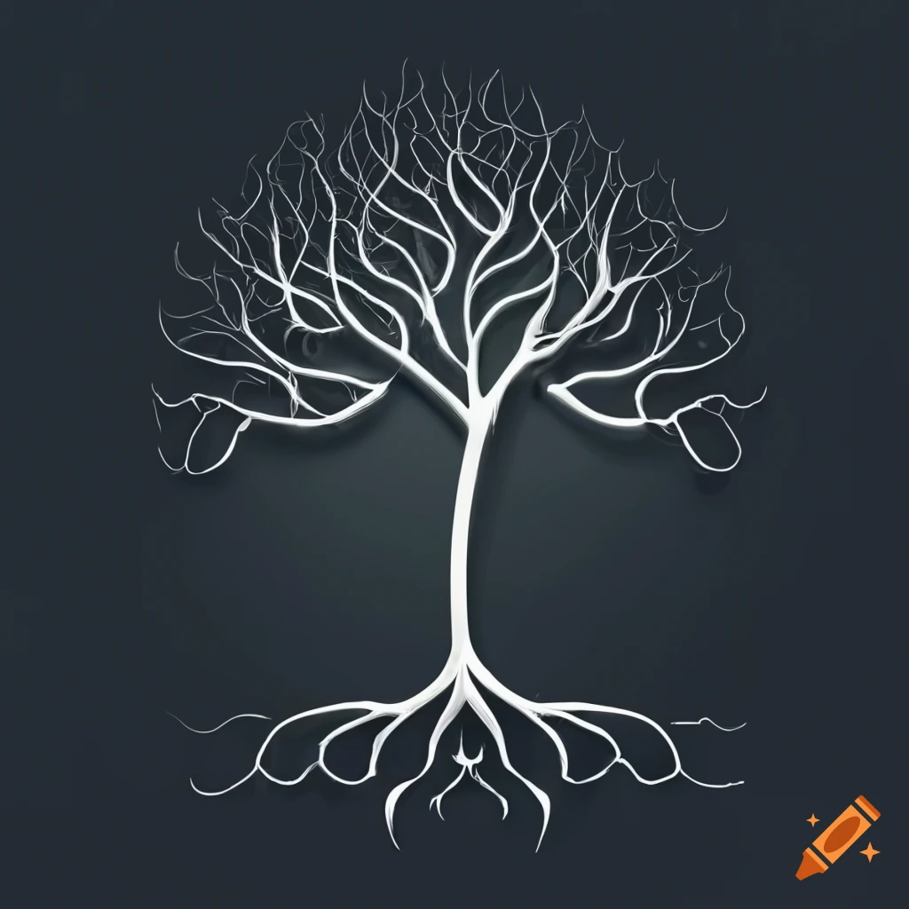 Minimalistic black 2d logo tree with intertwined roots on Craiyon
