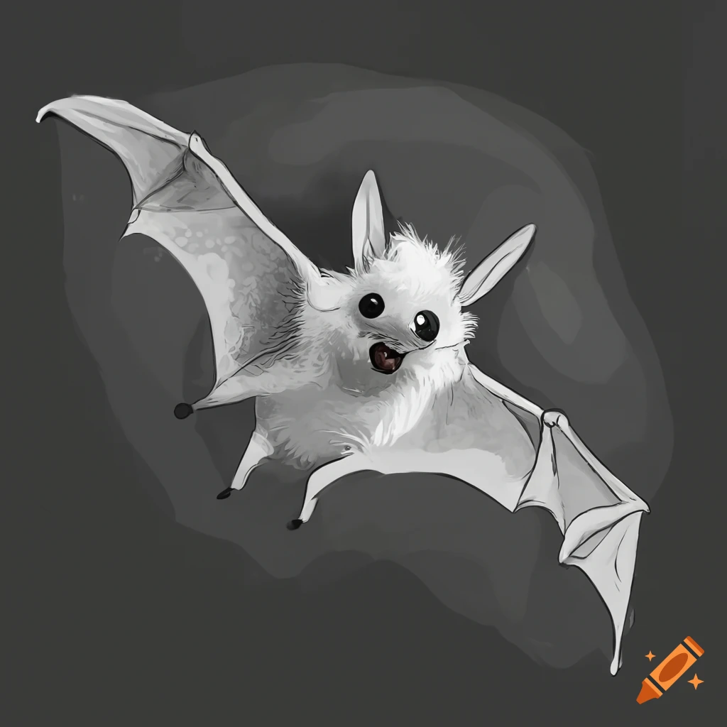 Black and white illustration of a tiny fluffy white bat on Craiyon