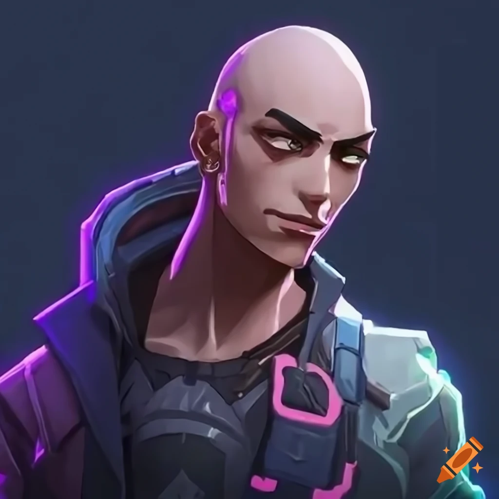 Bald brazilian valorant agent with tech clothes and strong gaze on Craiyon