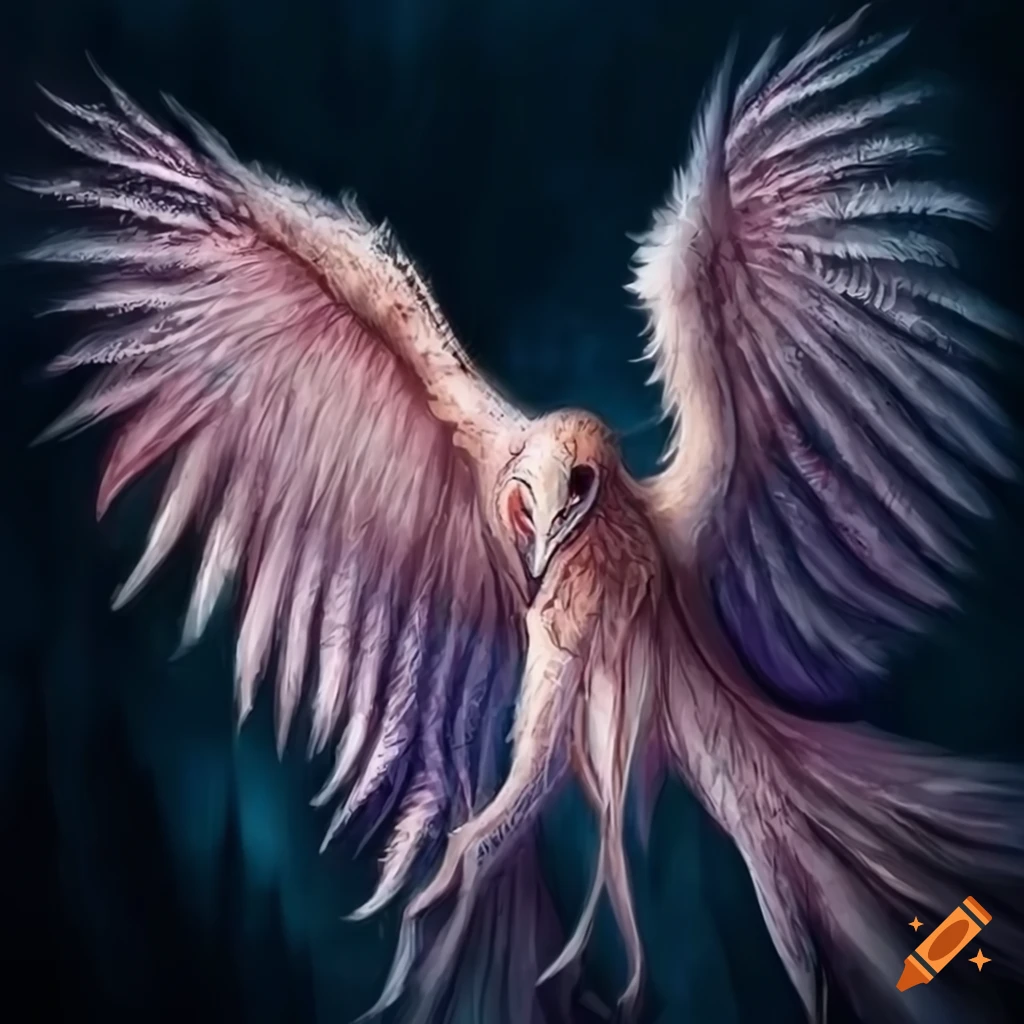 Detailed drawing of a monster with silky fur, feathery wings, and ...