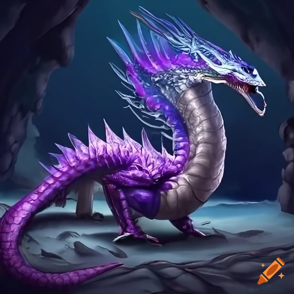 Mythical crystal dragon with purple wings and fangs in an ocean cave on ...