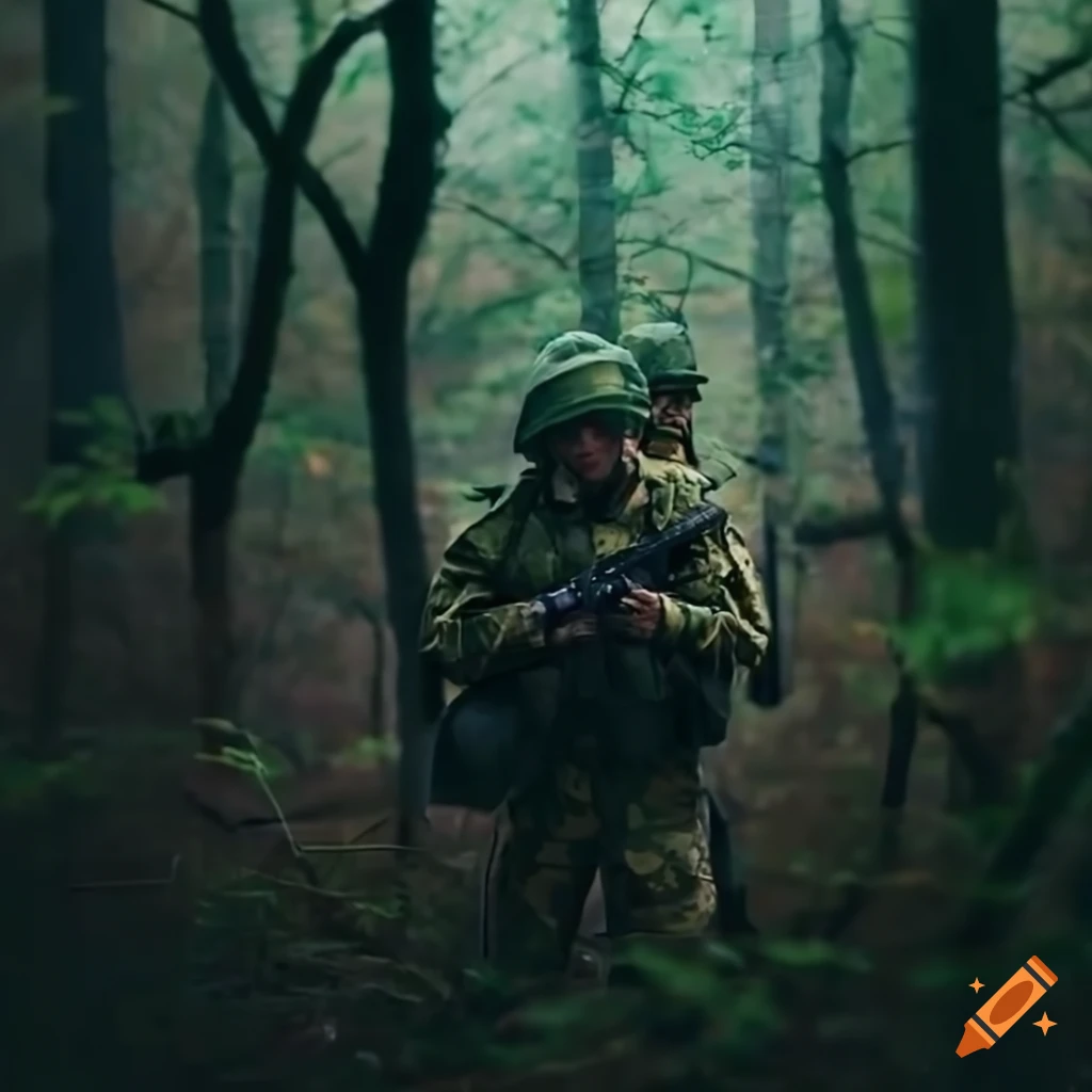 Two soldiers in camouflage hiding in a forest on Craiyon