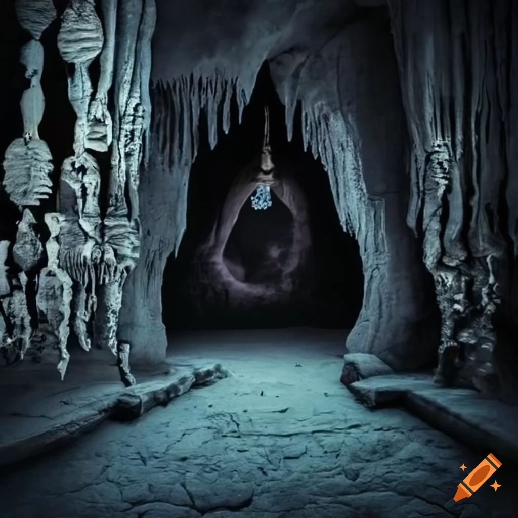 Large dark gray cave with hanging amulets on Craiyon