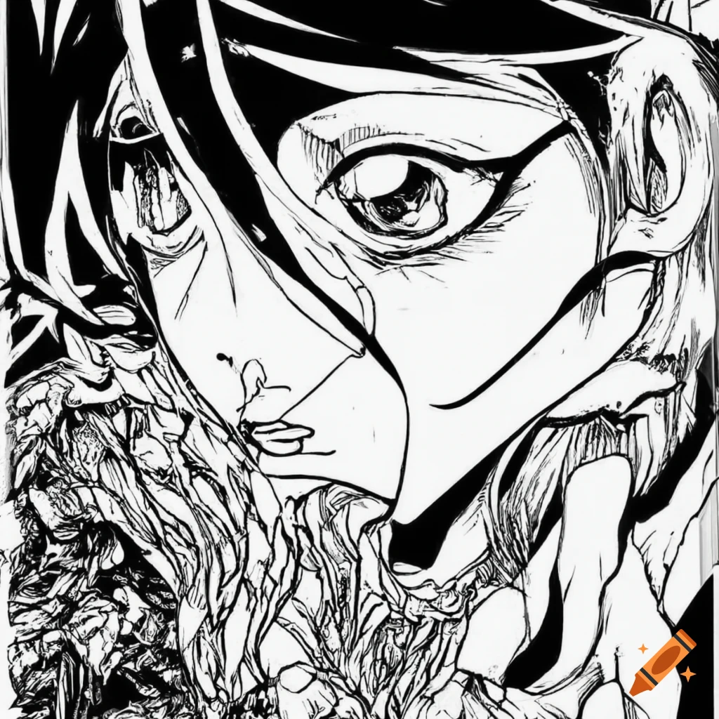Highly detailed black and white manga panel with sharp outline on Craiyon