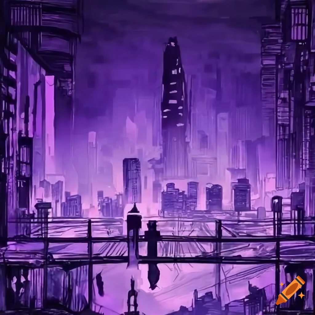 Cyberpunk city with purple mist in anime style on Craiyon
