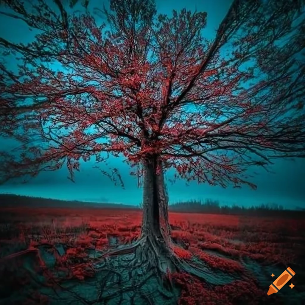 Titanium trees with red engravings in a mysterious setting on Craiyon