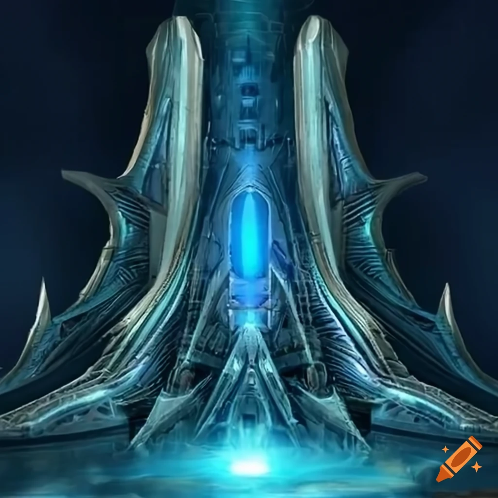 Protoss biomechanical architecture in a modern lunar building on Craiyon