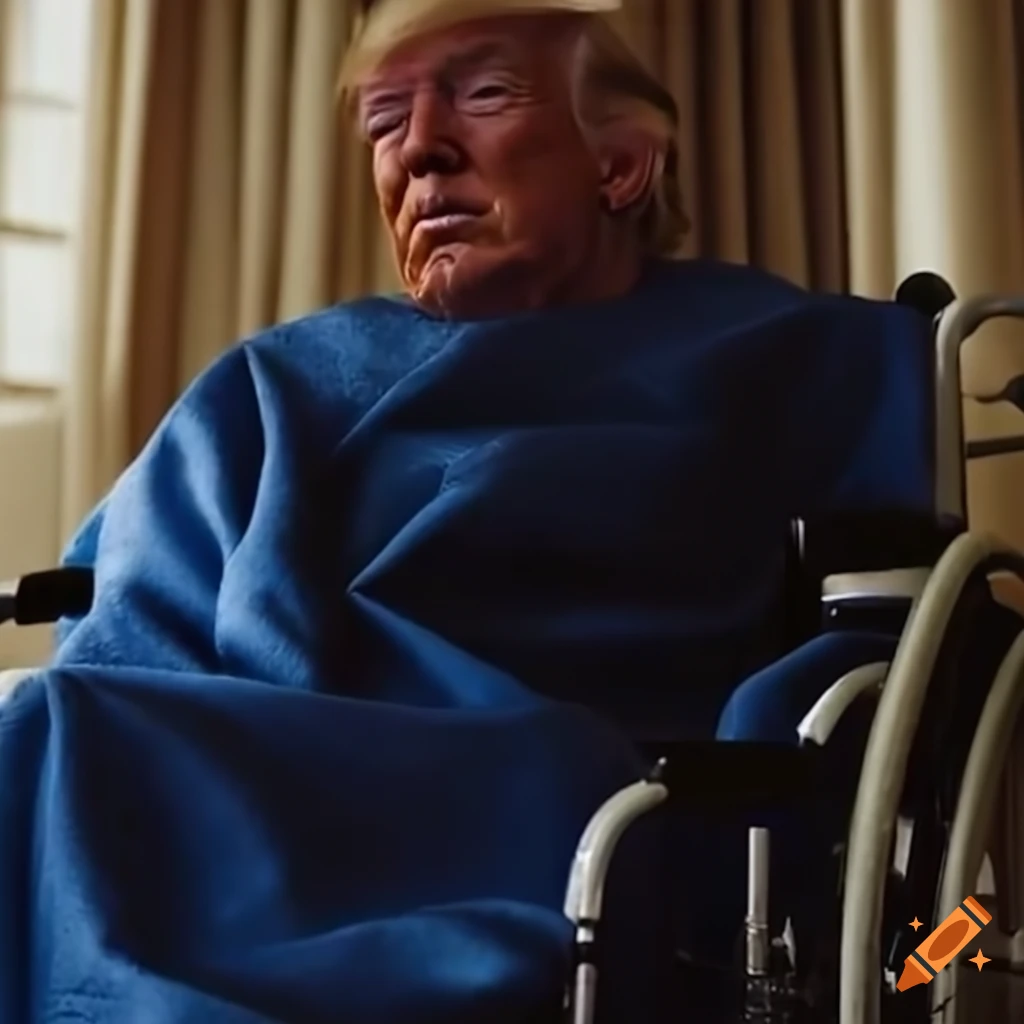 Satirical portrayal of a haggard trump in a hospital gown at a nursing ...