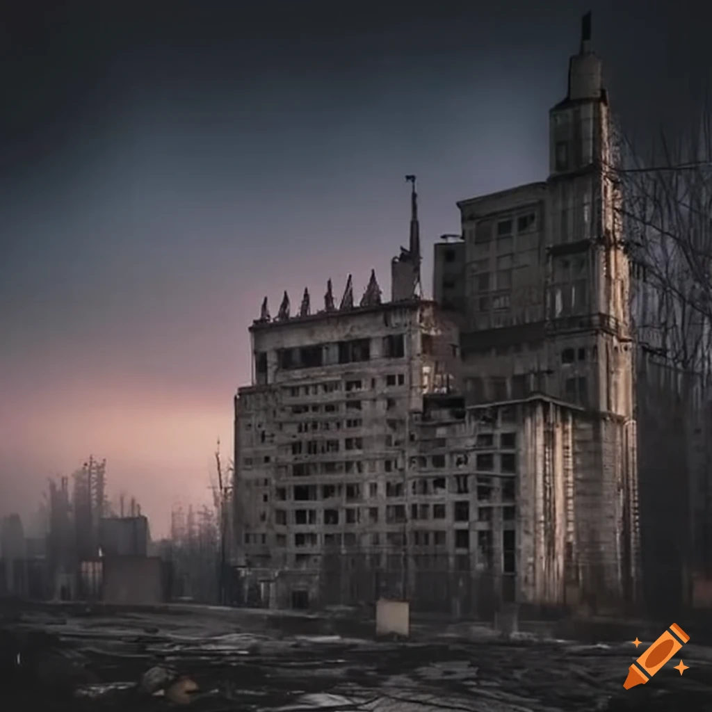 Post apocalyptic soviet era buildings in a polluted region on Craiyon