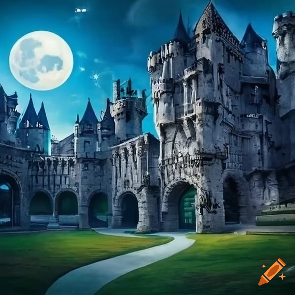 Fantasy epic of mythical creatures in a moonlit castle courtyard on Craiyon