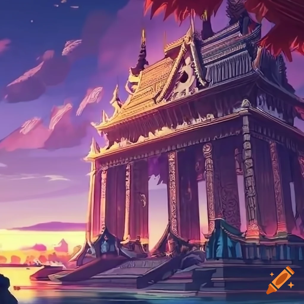 Animation of gods and goddesses at the grand temple entrance in anime ...