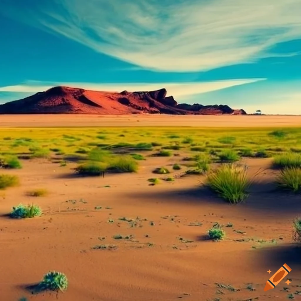 Desert landscape with sparse vegetation and grass patches on Craiyon
