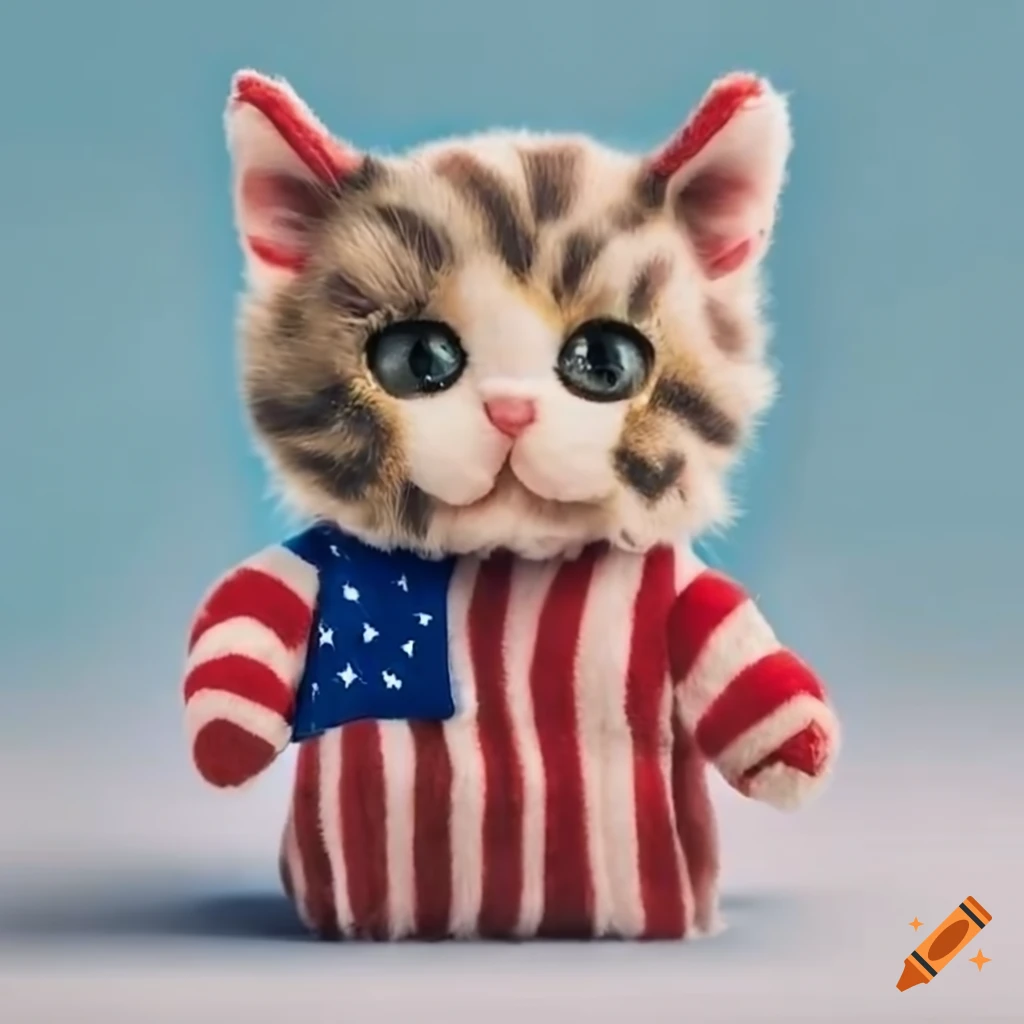 Plush kitten wrapped in an american flag on Craiyon