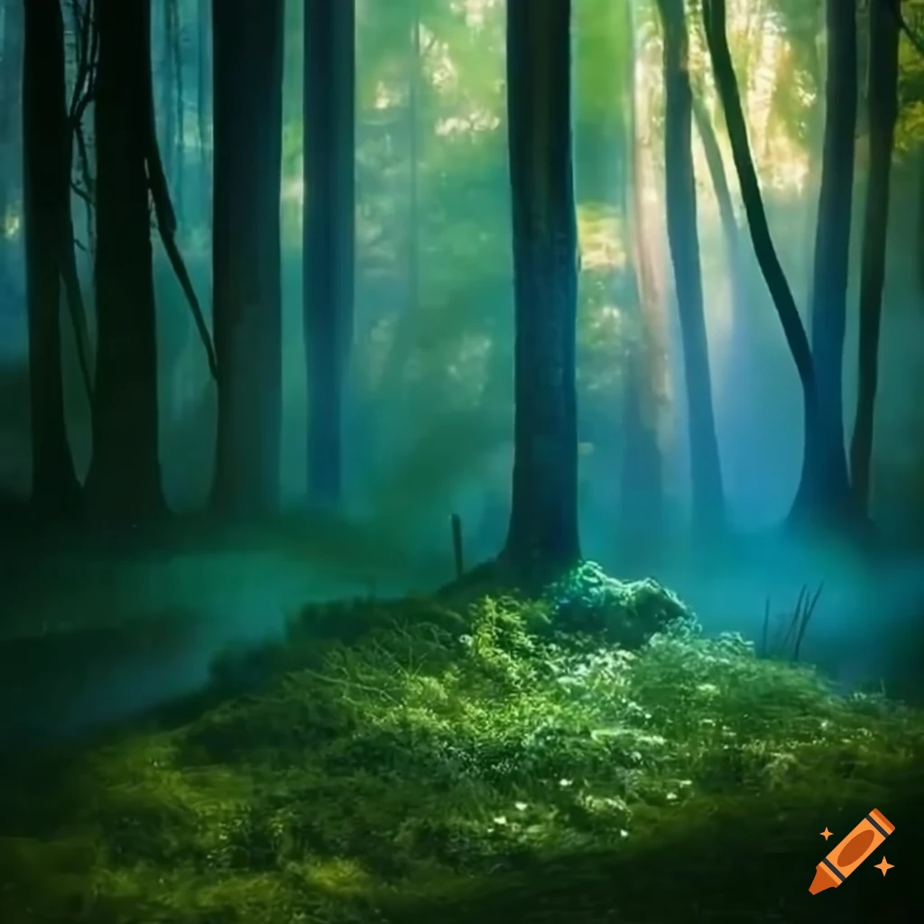 Enchanted forest clearing in bright magical midday sun on Craiyon