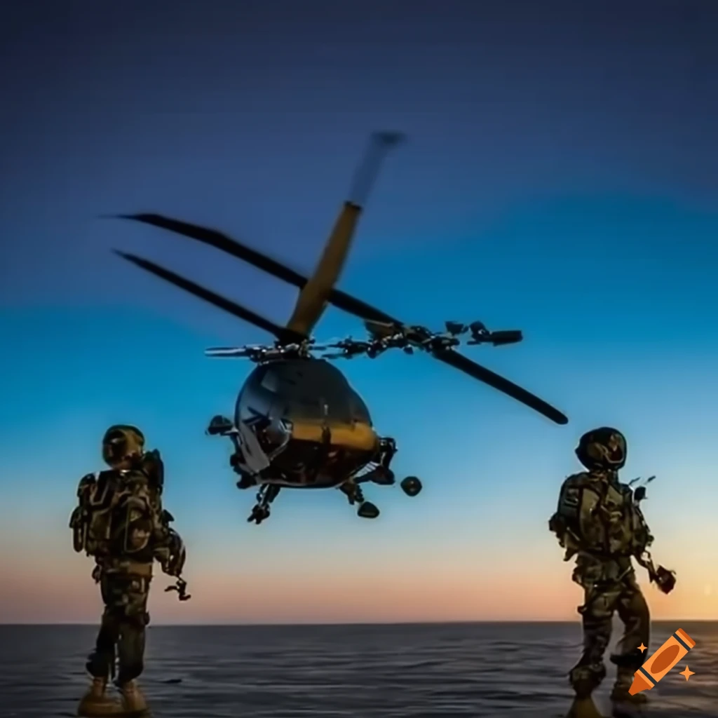 Elite military team gliding through the sky in a futuristic chopper on ...
